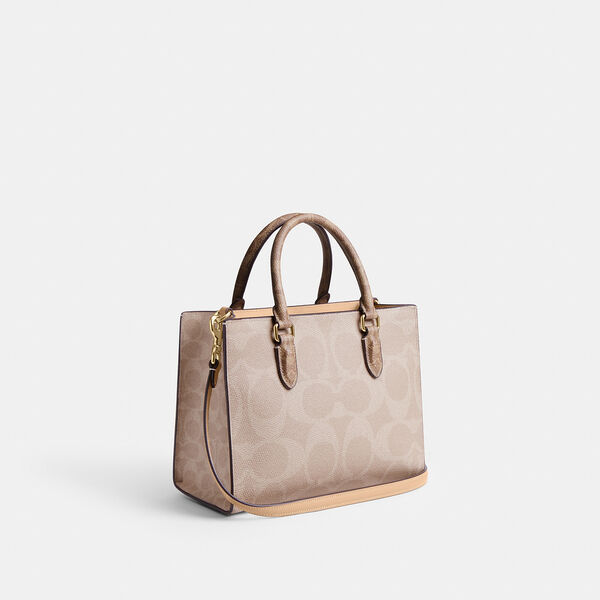 Maggie Small Tote Bag In Blocked Signature Canvas IM/SAND/TAN